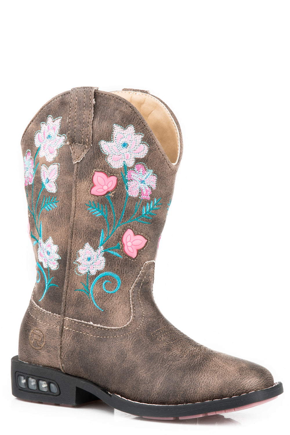 Roper Kids Girls Brown Faux Leather Dazzle Floral Lights Cowboy Boots ...